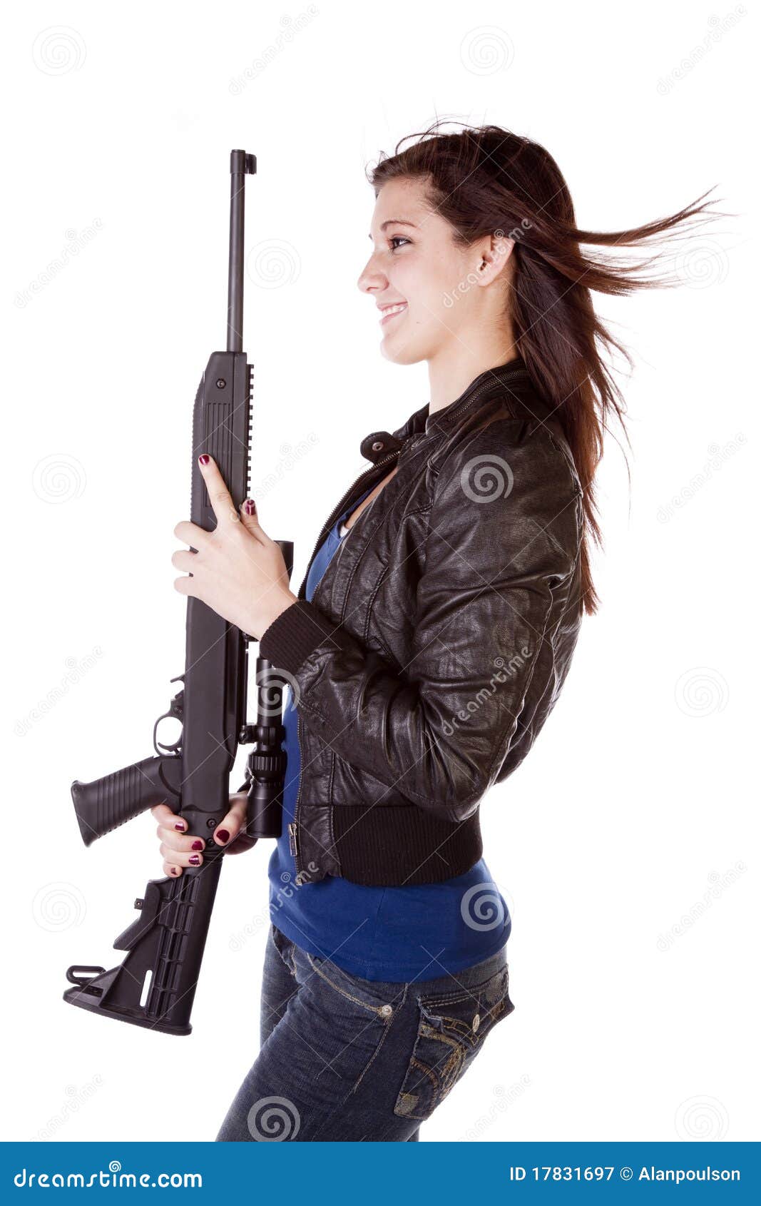 Profile Of Woman With Black Gun Smile Stock Image - Image of firearm ...