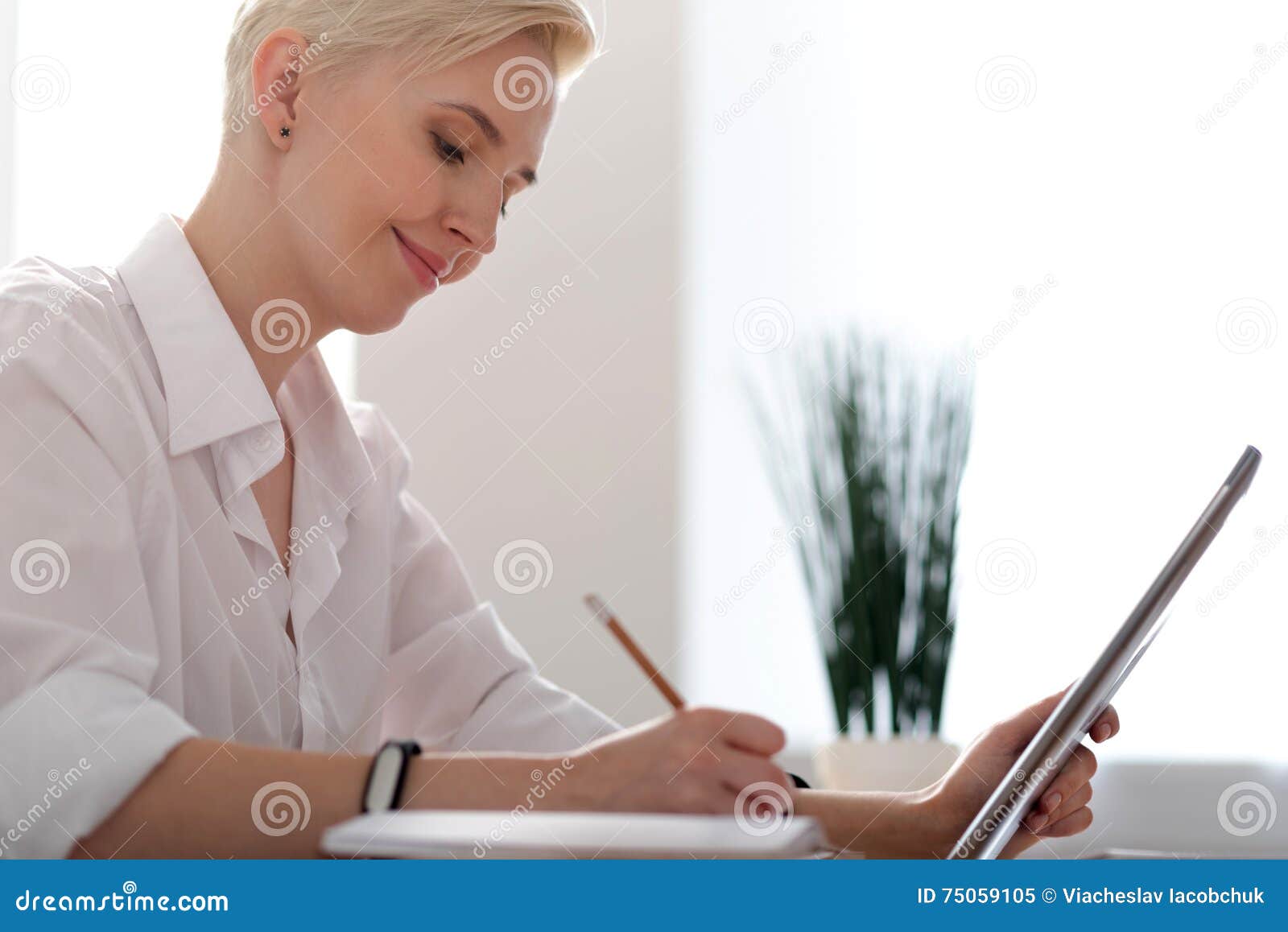 Profile of Woman Taking Notes Stock Image - Image of hold, cheerful ...