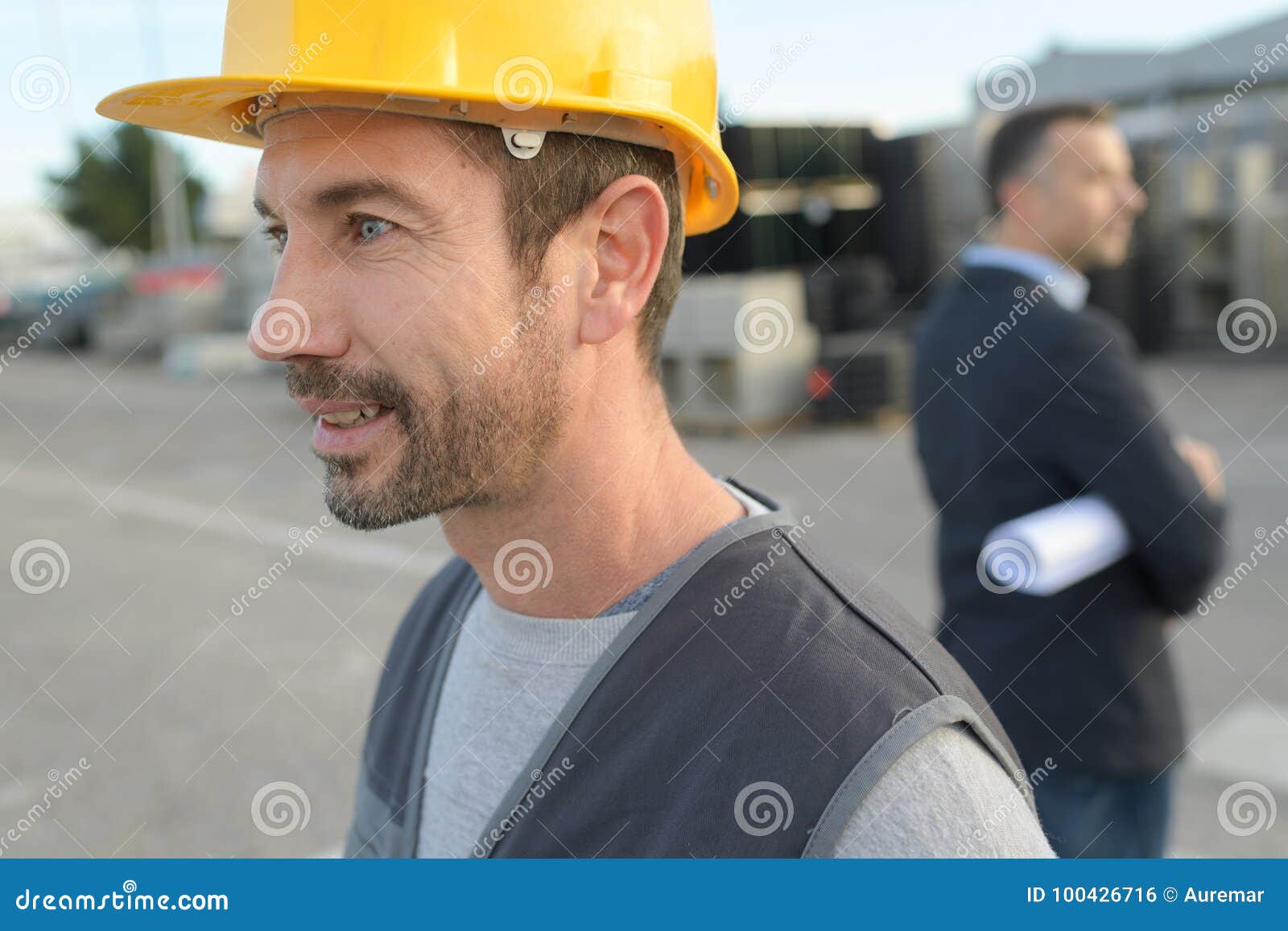 Profile Workman Wearing Hardhat Stock Photo - Image of architecture ...