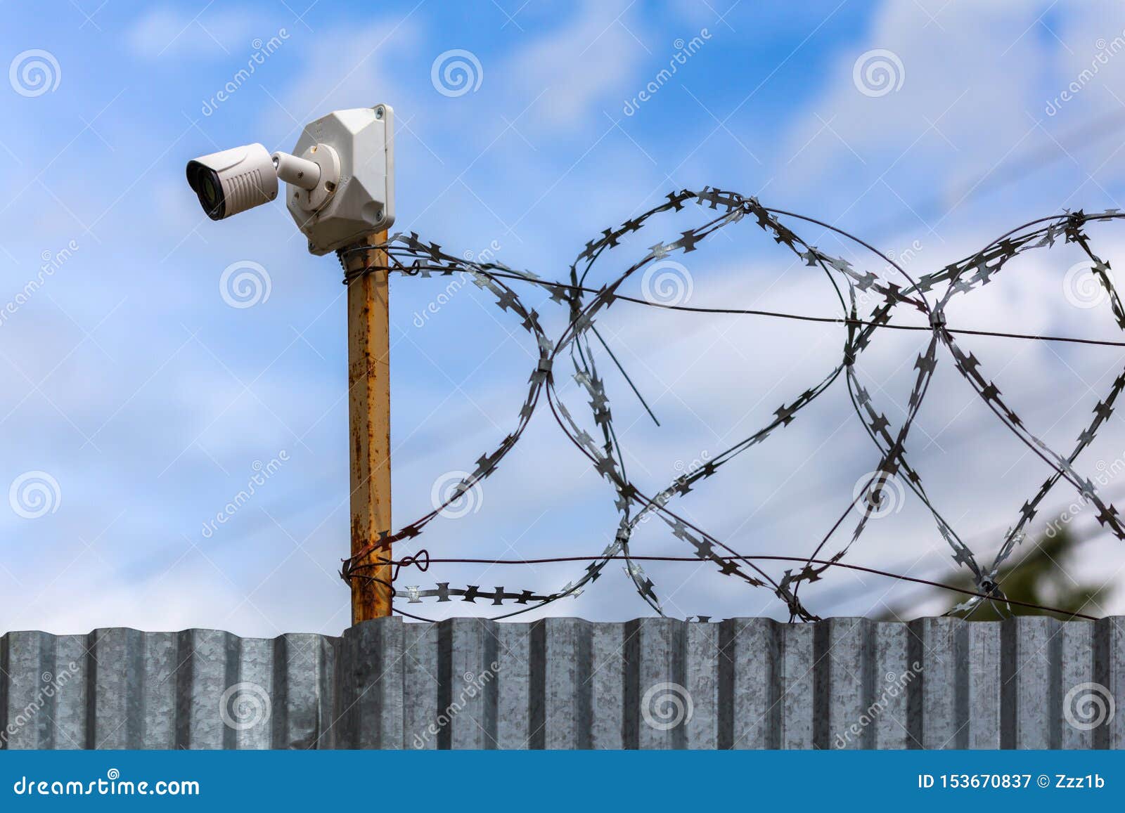 Profiled Sheet Fence with Cheap Surveillance Camera and Barbwire with ...