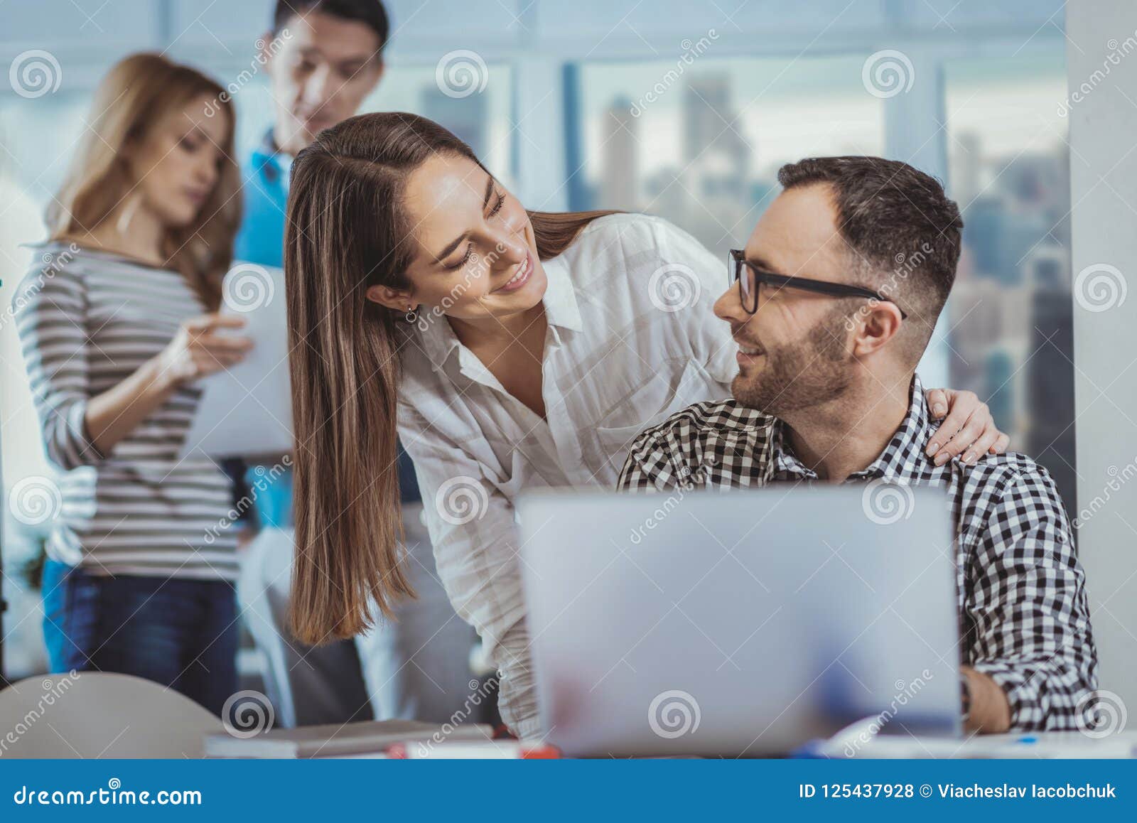 Cheerful Two Colleagues Getting Project Stock Photo - Image of ...