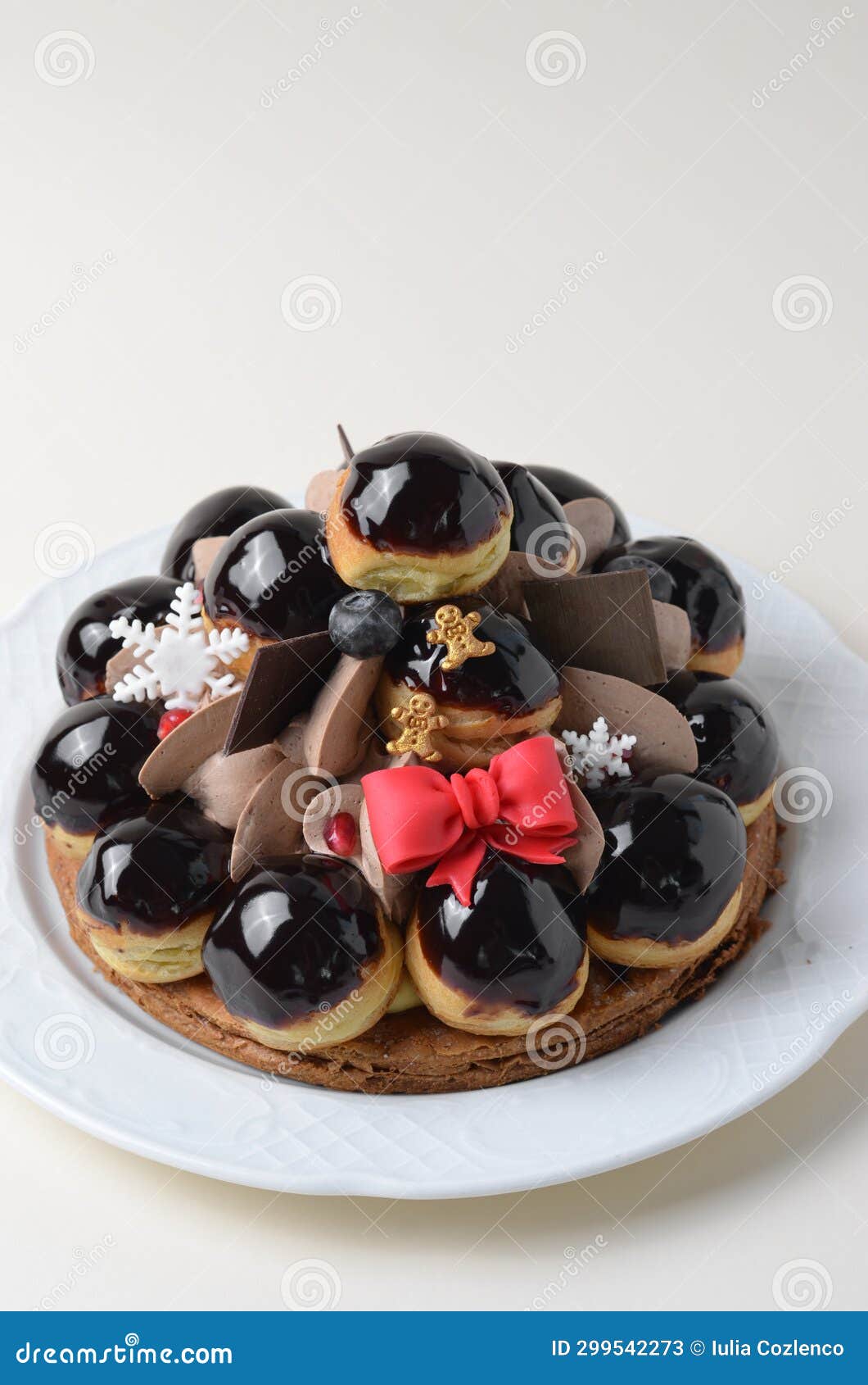 Profiterole Cake, St. Honore Cake with Christmas Decor on White ...