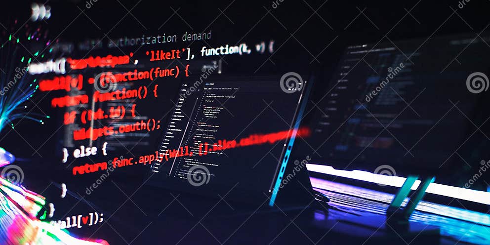 Program Code on a Computer Monitor with Fiber Optic Background. Internet and Technology Concept ...