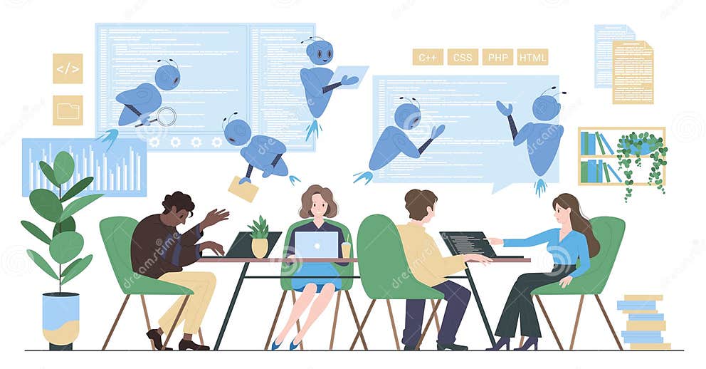 Program Code Development with Help of AI, Tiny Programmers Work on Laptops, Robots Assist Stock ...