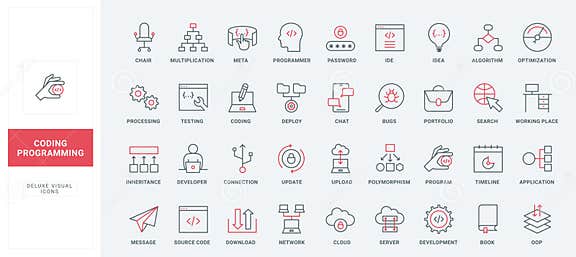 Program Code Development Line Icons Set Workflow And Tools Of Programmer Algorithm Stock