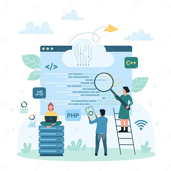 Program Code Development Technology, Tiny People Studying Script with Magnifying Glass Stock ...