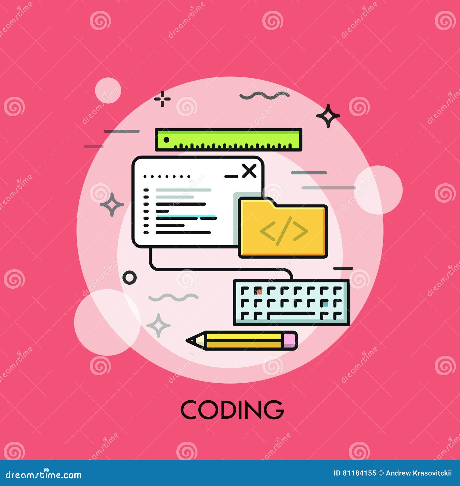 Program Code Window, Keyboard, Pencil, Ruler And Folder. Stock Vector - Illustration of html ...