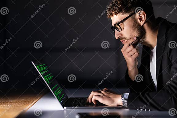 Program Development Concept. Young Man Working with Computer in the Night Stock Photo - Image of ...