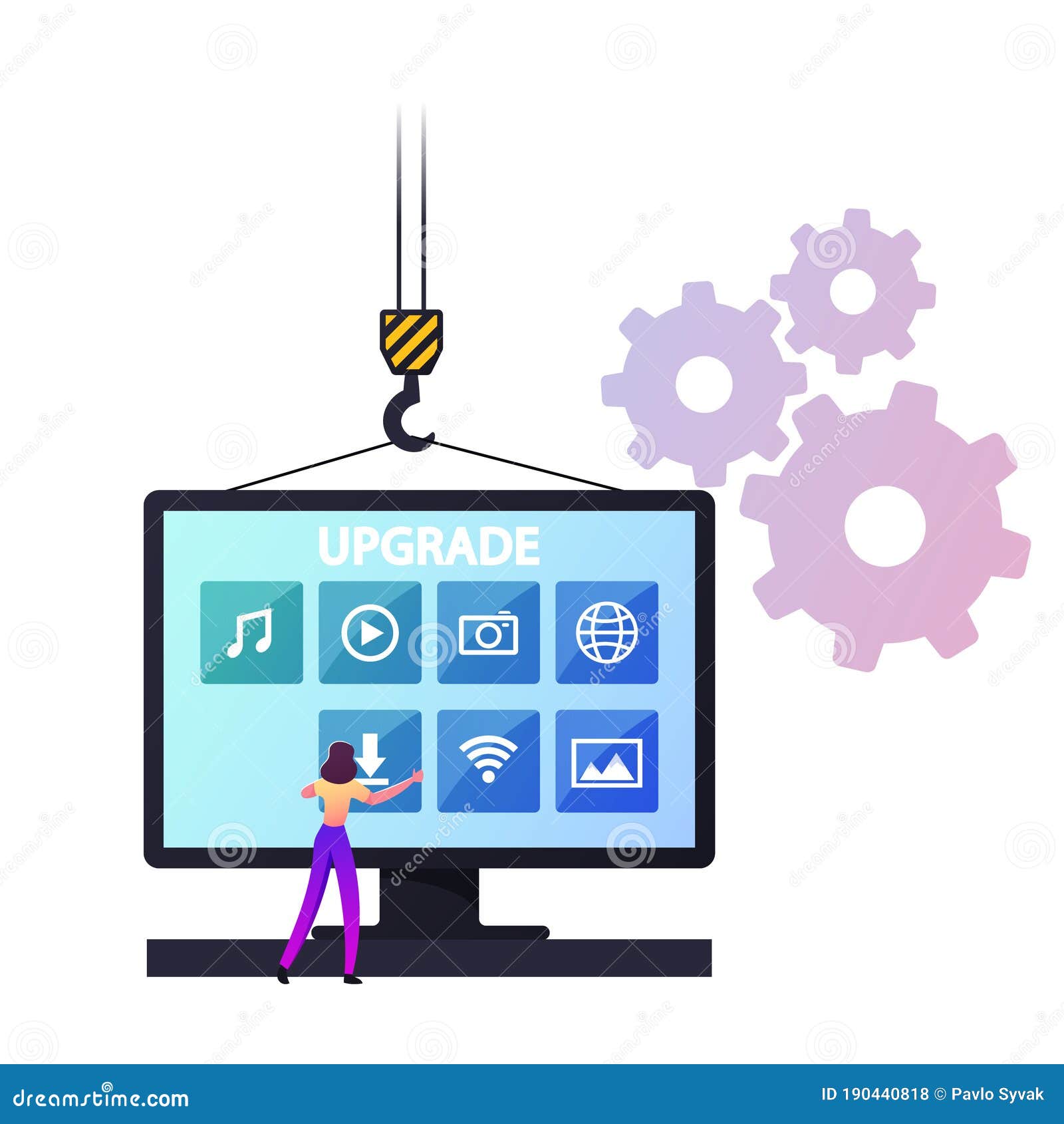 Program Upgrading Concept. Tiny Female Character at Huge Computer Desktop Touching App Buttons ...