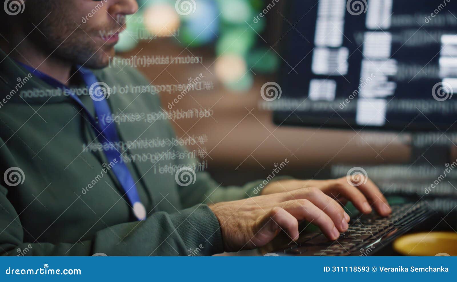 Programer Hands Typing Keyboard Working Computer Pc In Data Hologram Closeup Stock Image Image