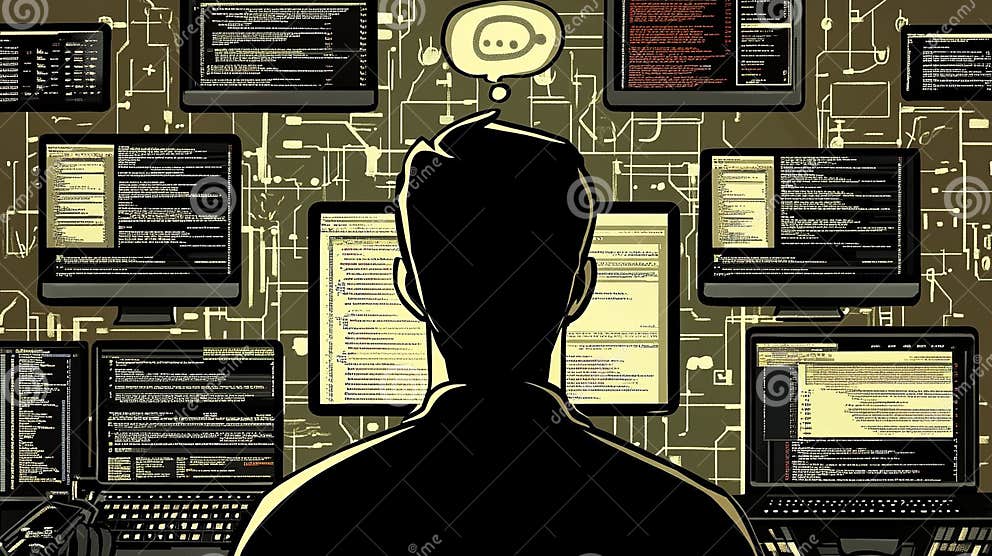 A Programmer Analyzes Complex Code On Multiple Monitors In A Dark