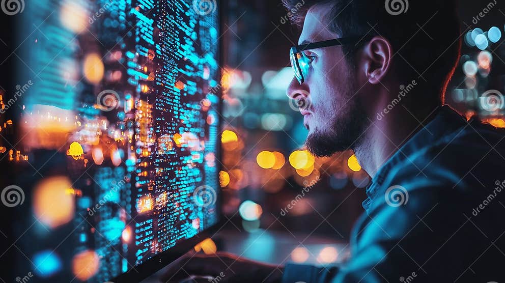 Programmer Analyzing Code on Digital Screen with Glowing Data Stock Photo - Image of techconcept ...