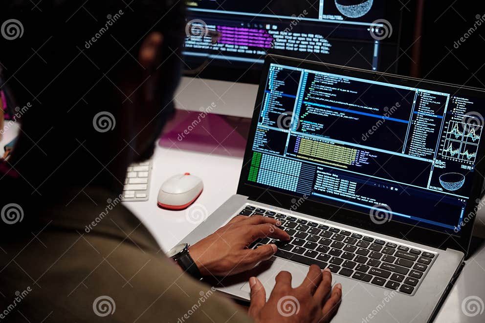 Programmer Analyzing Data on Multiple Screens Stock Image - Image of code, multitask: 341843583