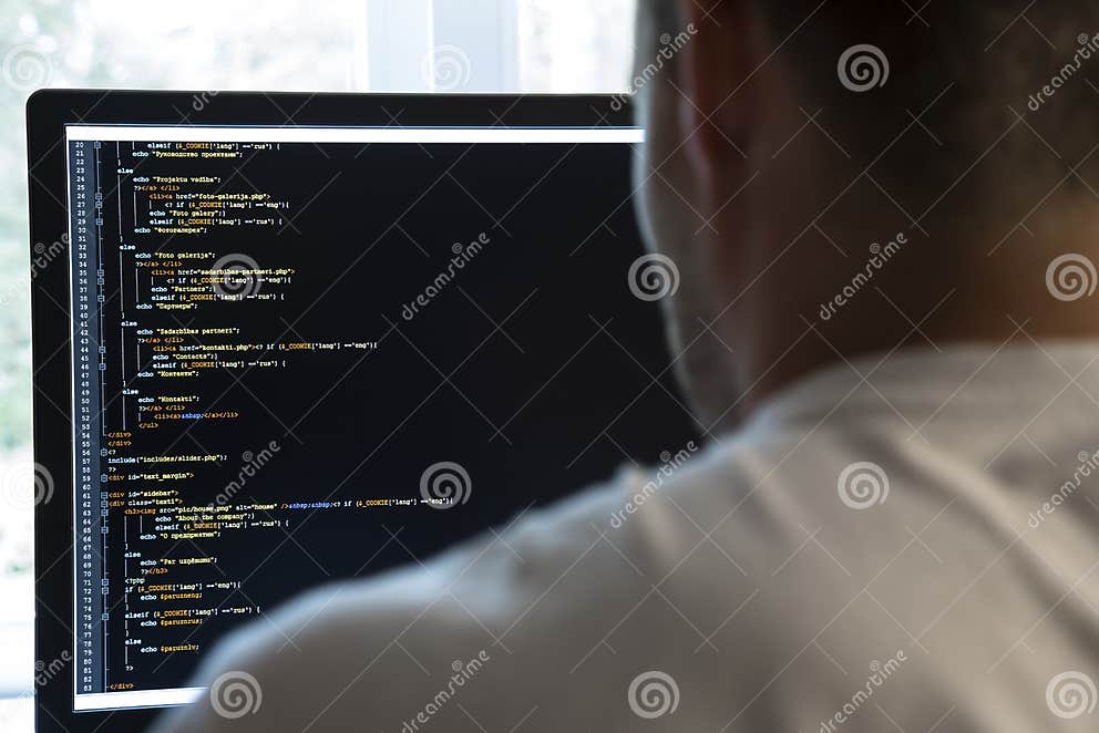 Programmer from Behind and Programming Code on Computer Monitor Stock Photo - Image of process ...