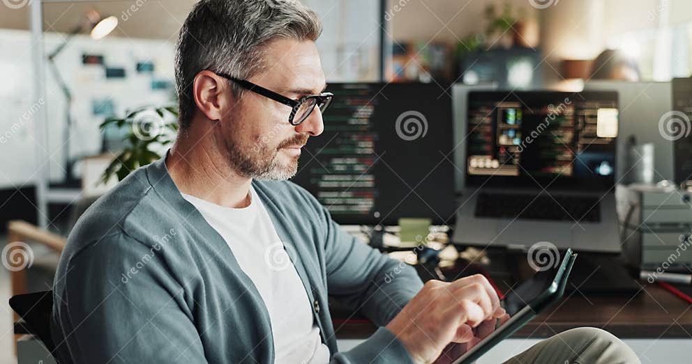 Programmer, Businessman and Research on Tablet for Software, Scroll ...