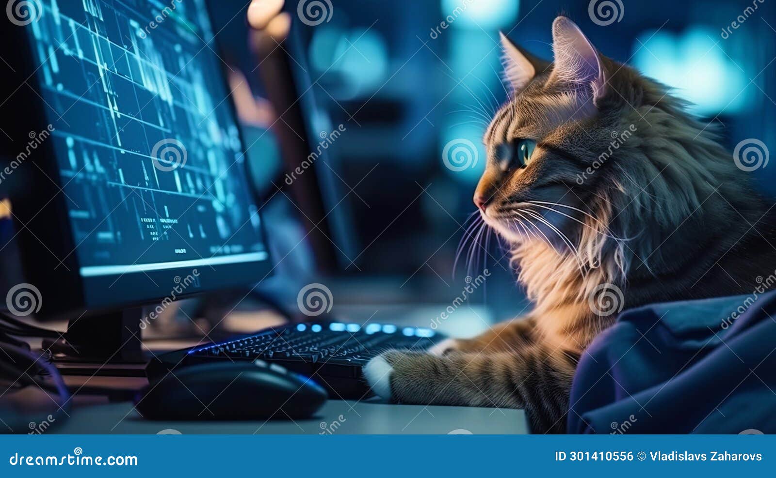 A Programmer Cat Sitting at a Computer with a Mouse in His Paws Stock ...