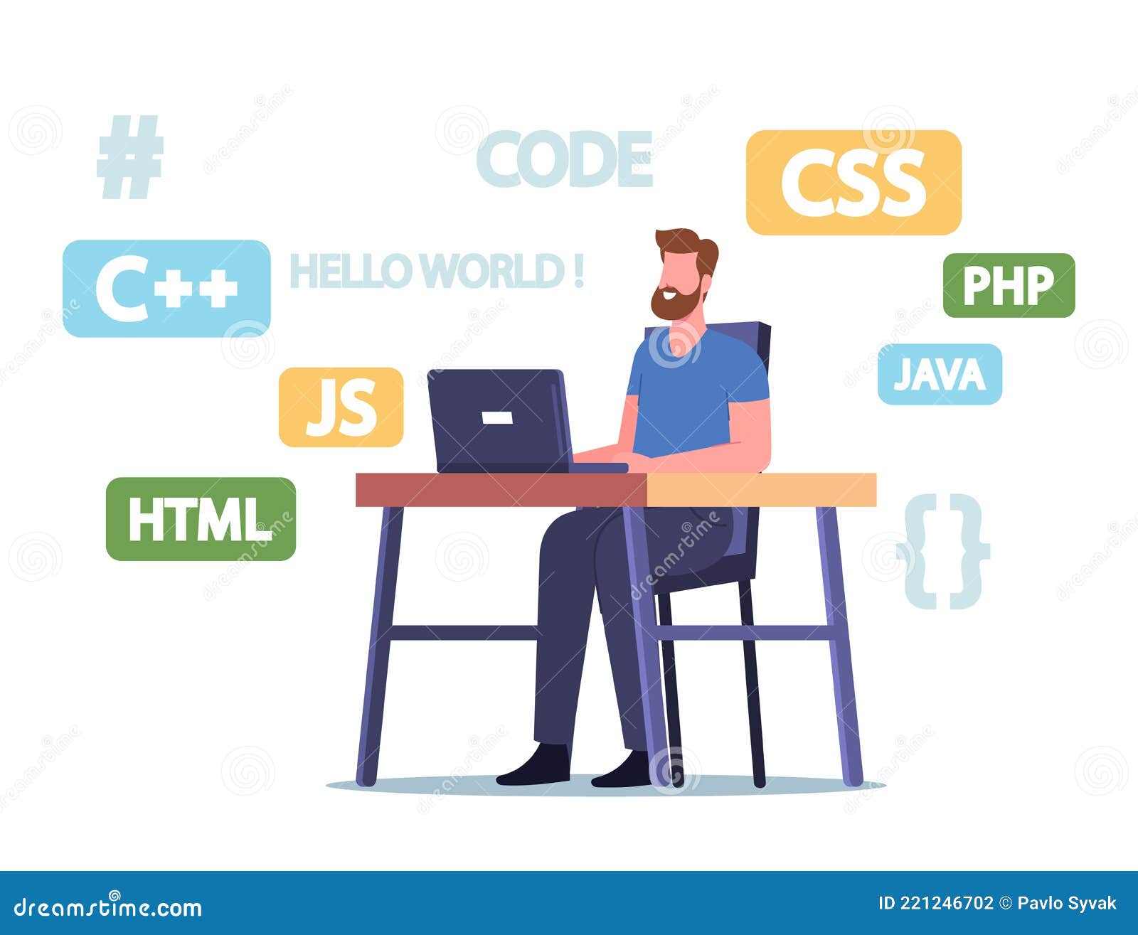 Programmer Character Work on Laptop Developing Programming Languages ...