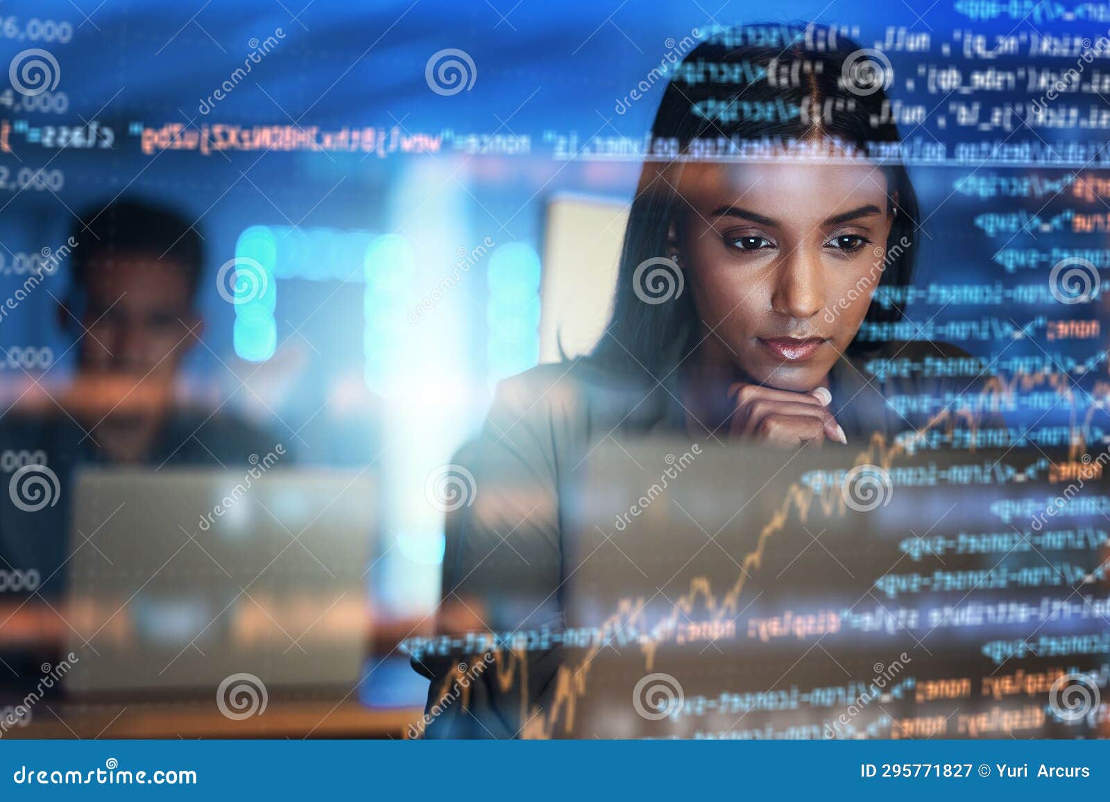 Programmer, Code and Woman with Focus, Holographic and Digital Software with Cyber Security ...