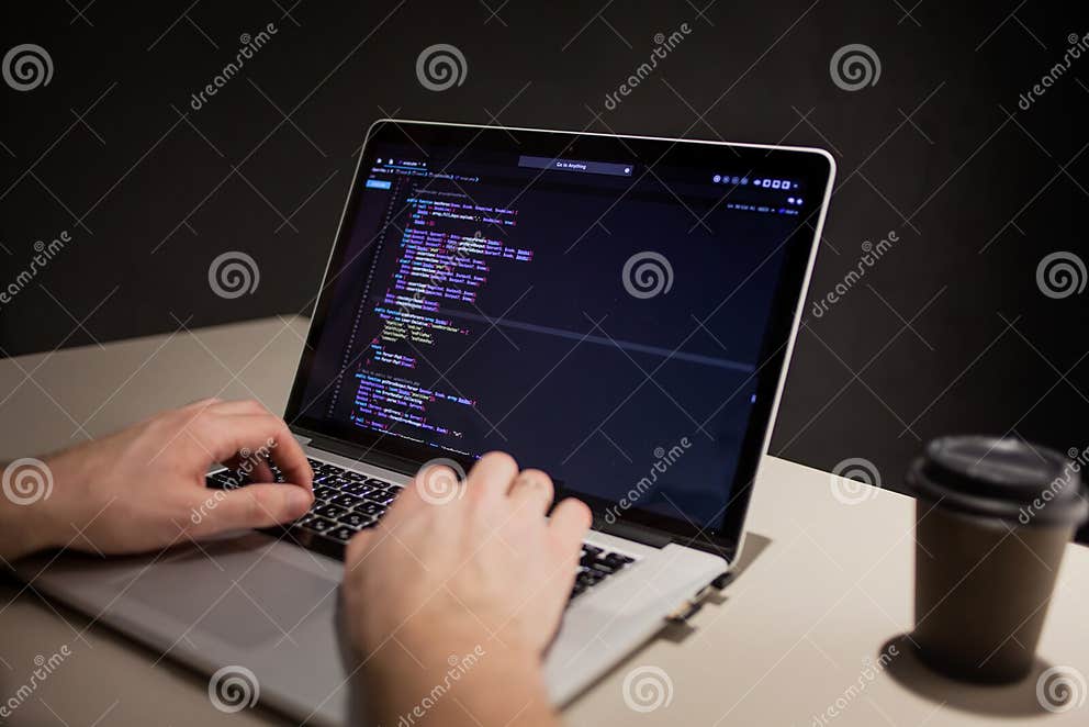 Programmer and Coder Working in the Development Environment. Programmer`s Workplace Stock Image ...