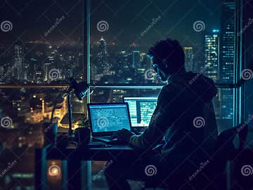 Programmer with Coding on a Computer in the Dark with a View of the Lights of the Night City ...
