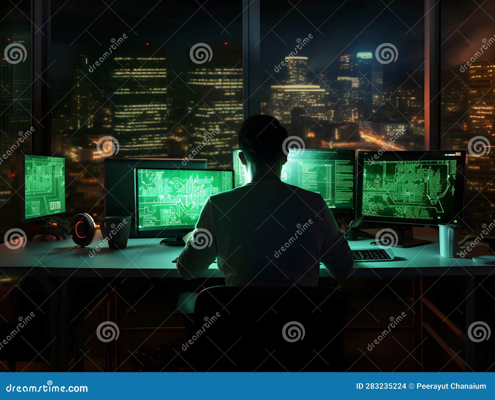 Programmer with Coding on a Computer in the Dark with a View of the ...