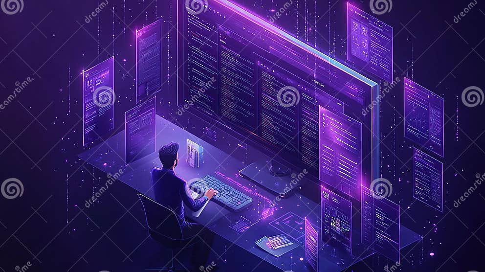 Programmer Coding on Computer, Surrounded by Digital Data and ...