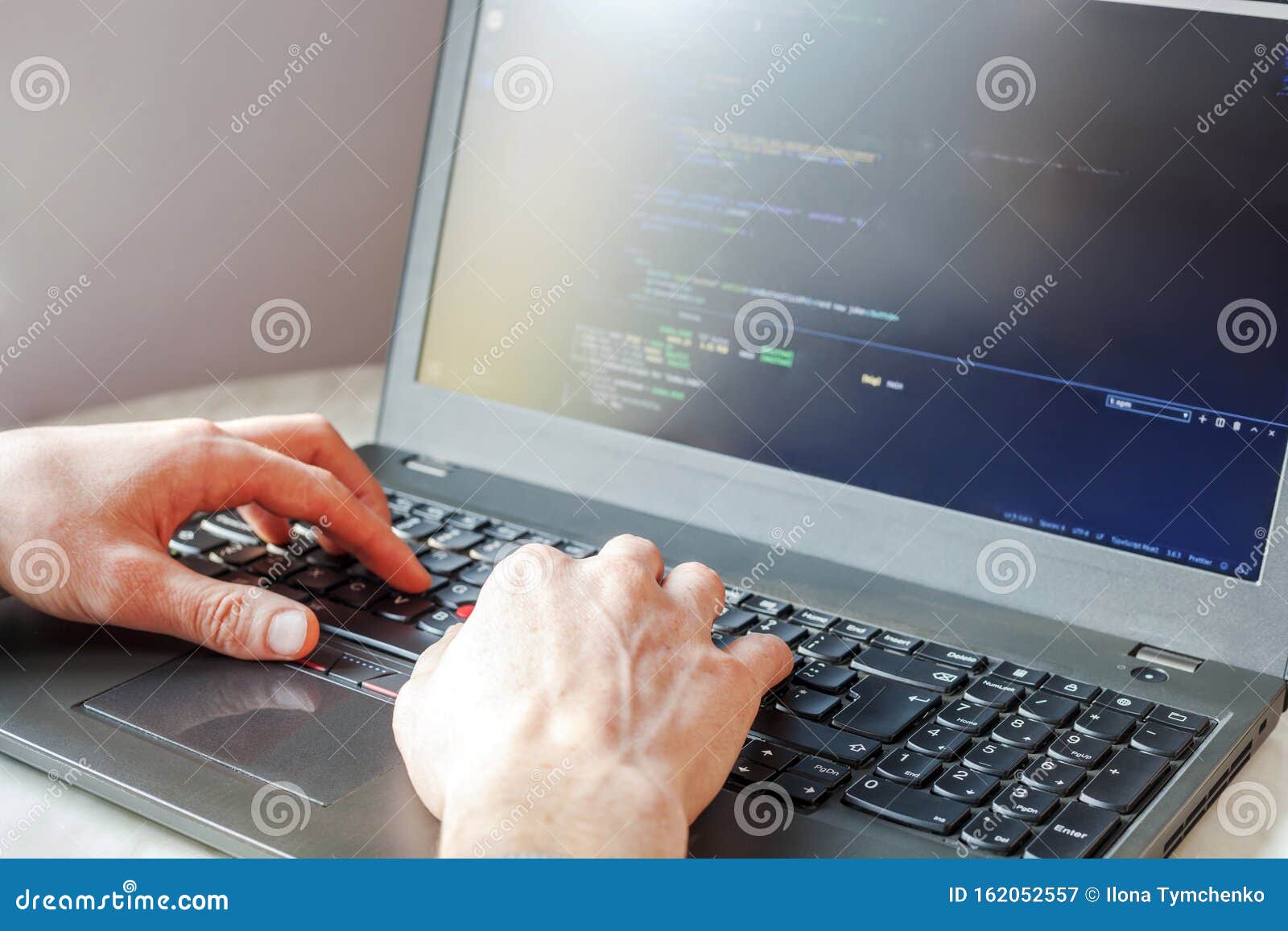 Programmer Coding On Laptop Computer Coder Hand Closeup Writing Program Code Stock Image