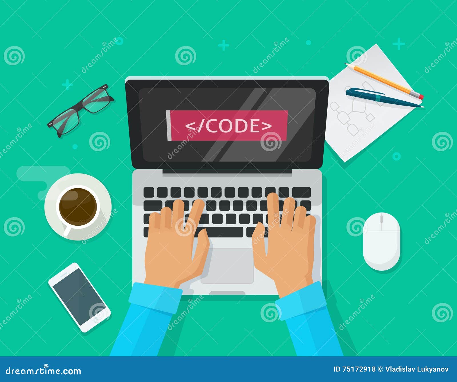 Programmer Coding Laptop Computer Work Desk Freelancer Sitting On Table Stock Vector