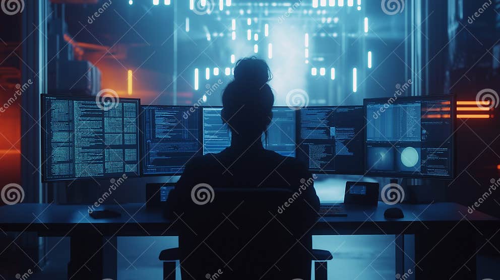 Programmer Coding at a Minimalist Desk with Multiple Screens Stock ...