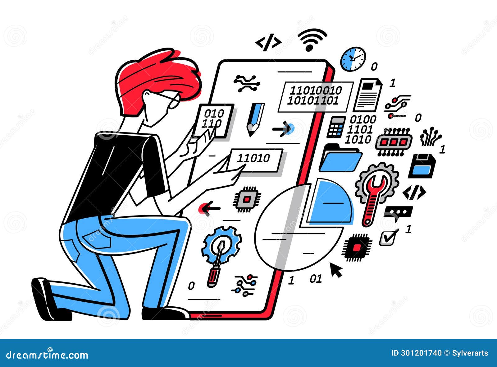 Programmer is Coding and Repairing Some Applications on Phone, Vector ...