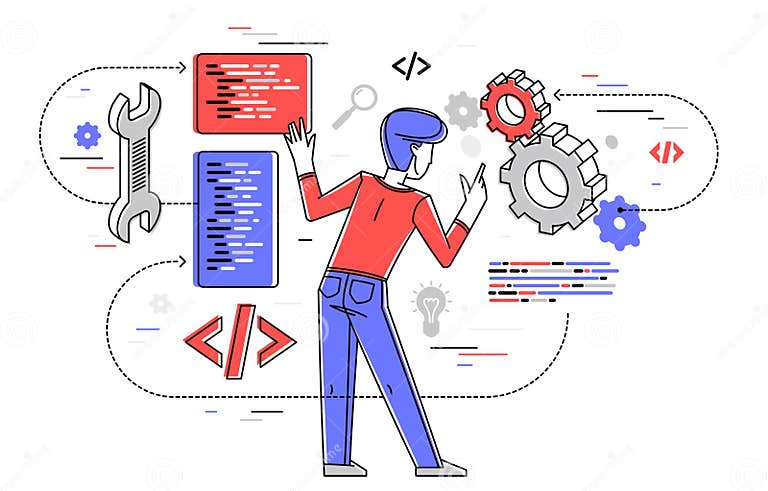 Programmer Is Coding And Repairing Some Machine System Vector Outline Illustration Computer