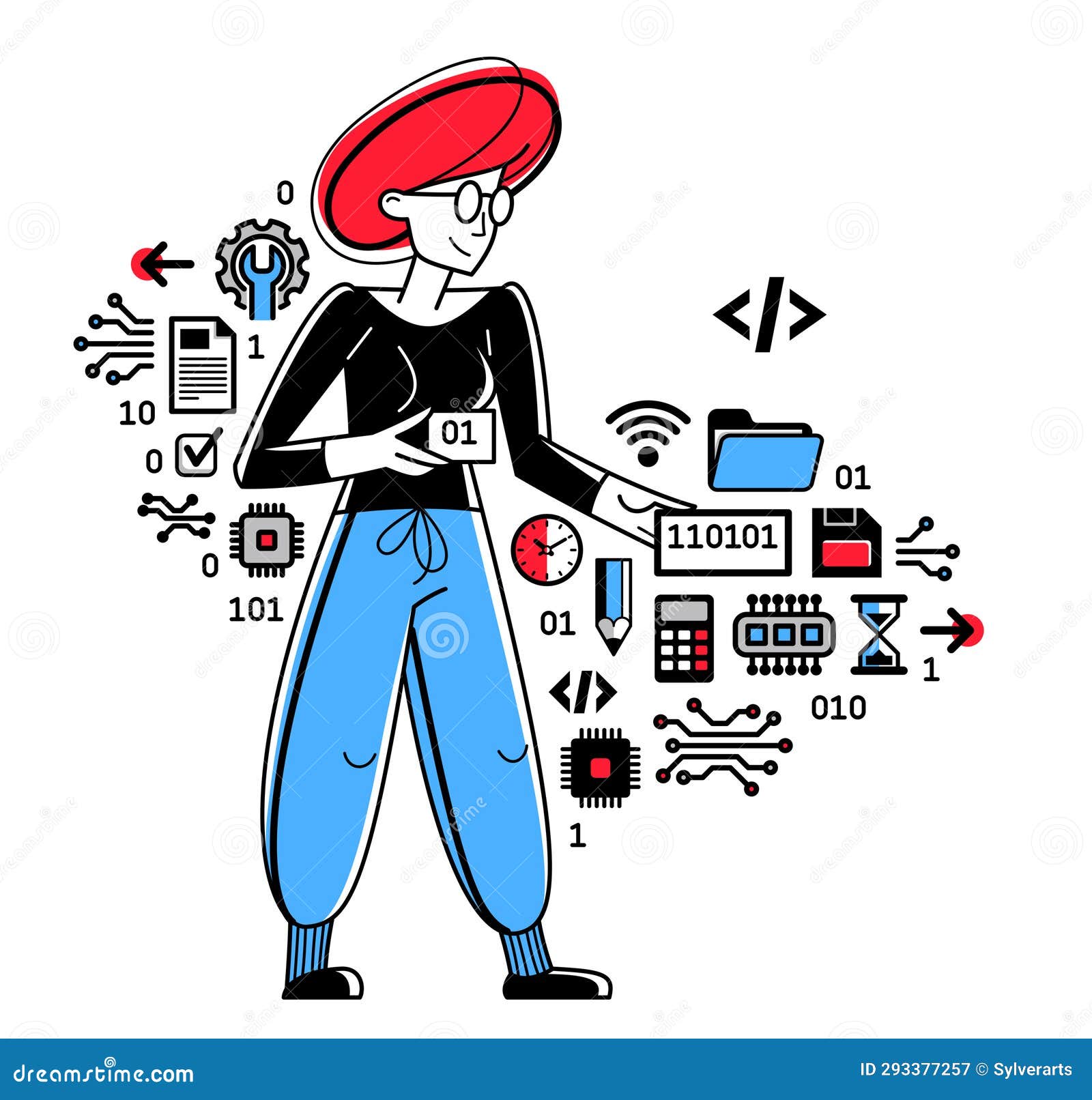 Programmer Is Coding And Repairing Some Machine System Vector Outline Illustration Computer 4027