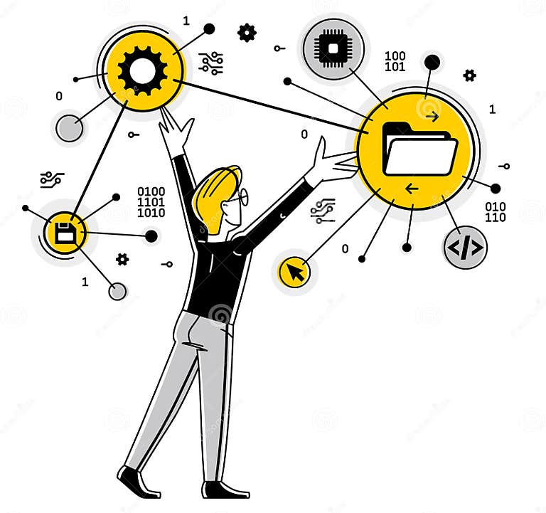 Programmer Is Coding And Repairing Some Machine System Vector Outline