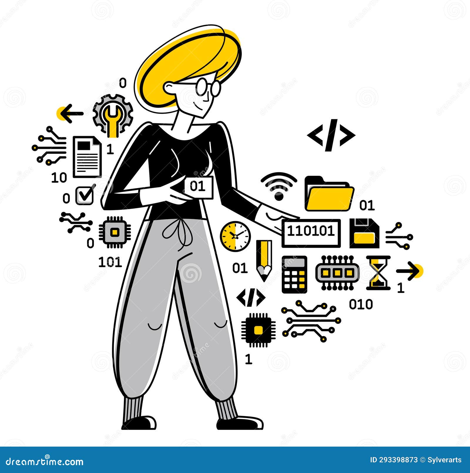 Programmer Is Coding And Repairing Some Machine System Vector Outline Illustration Computer