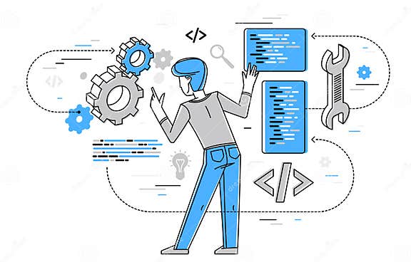 Programmer Is Coding And Repairing Some Machine System Vector Outline Illustration Computer
