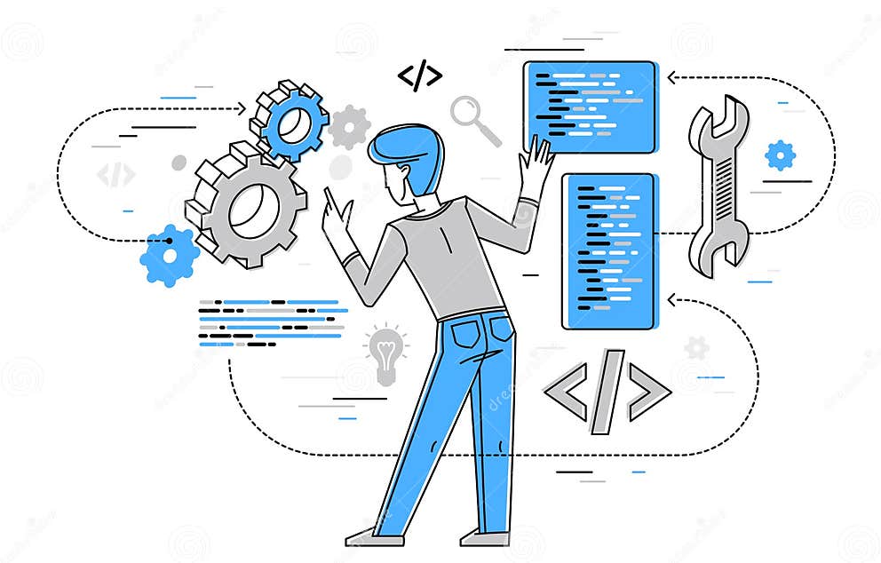 Programmer Is Coding And Repairing Some Machine System Vector Outline Illustration Computer 