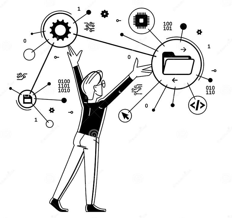 Programmer Is Coding And Repairing Some Machine System Vector Outline Illustration Computer