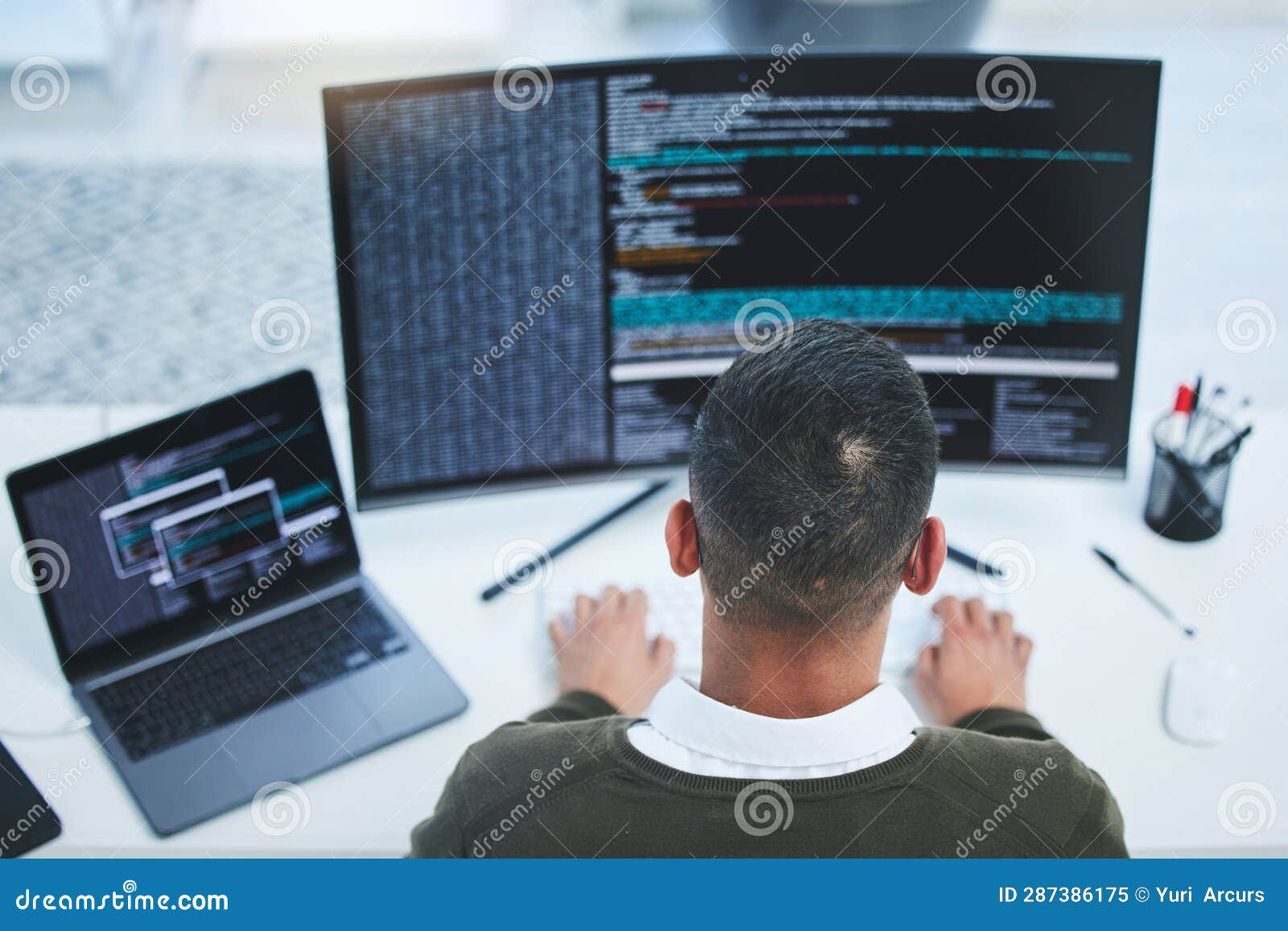 Programmer Computer And Developer Man For Coding Software Script Or Cyber Security Behind