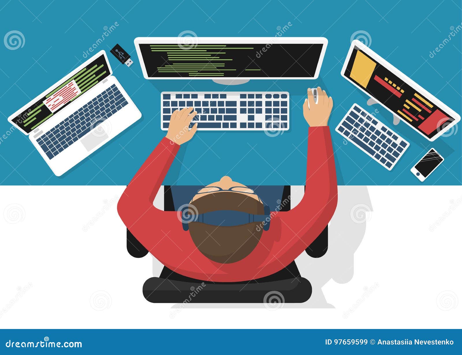 Programmer at Computer, Vector Stock Vector - Illustration of computing, keyboard: 97659599