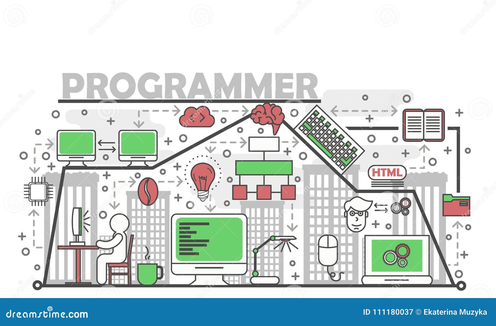 Computer Programmer Concept Vector Flat Line Art Illustration Stock Vector Illustration Of