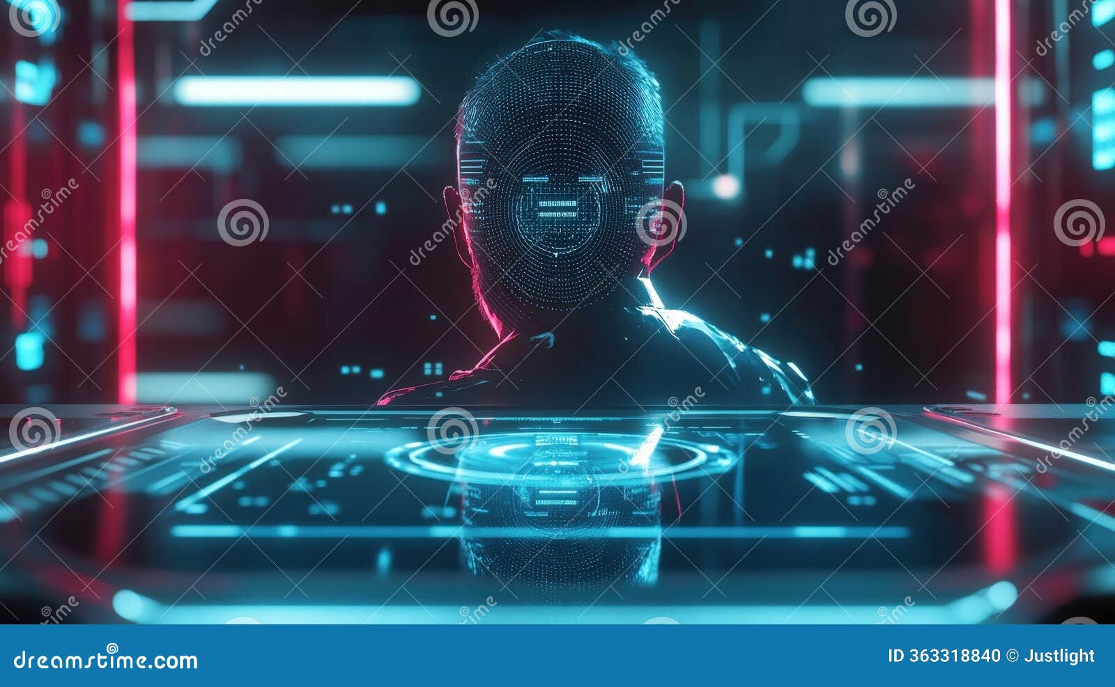 Programmer Controlling Futuristic Cyber Security System with Digital Binary Code Displayed on ...