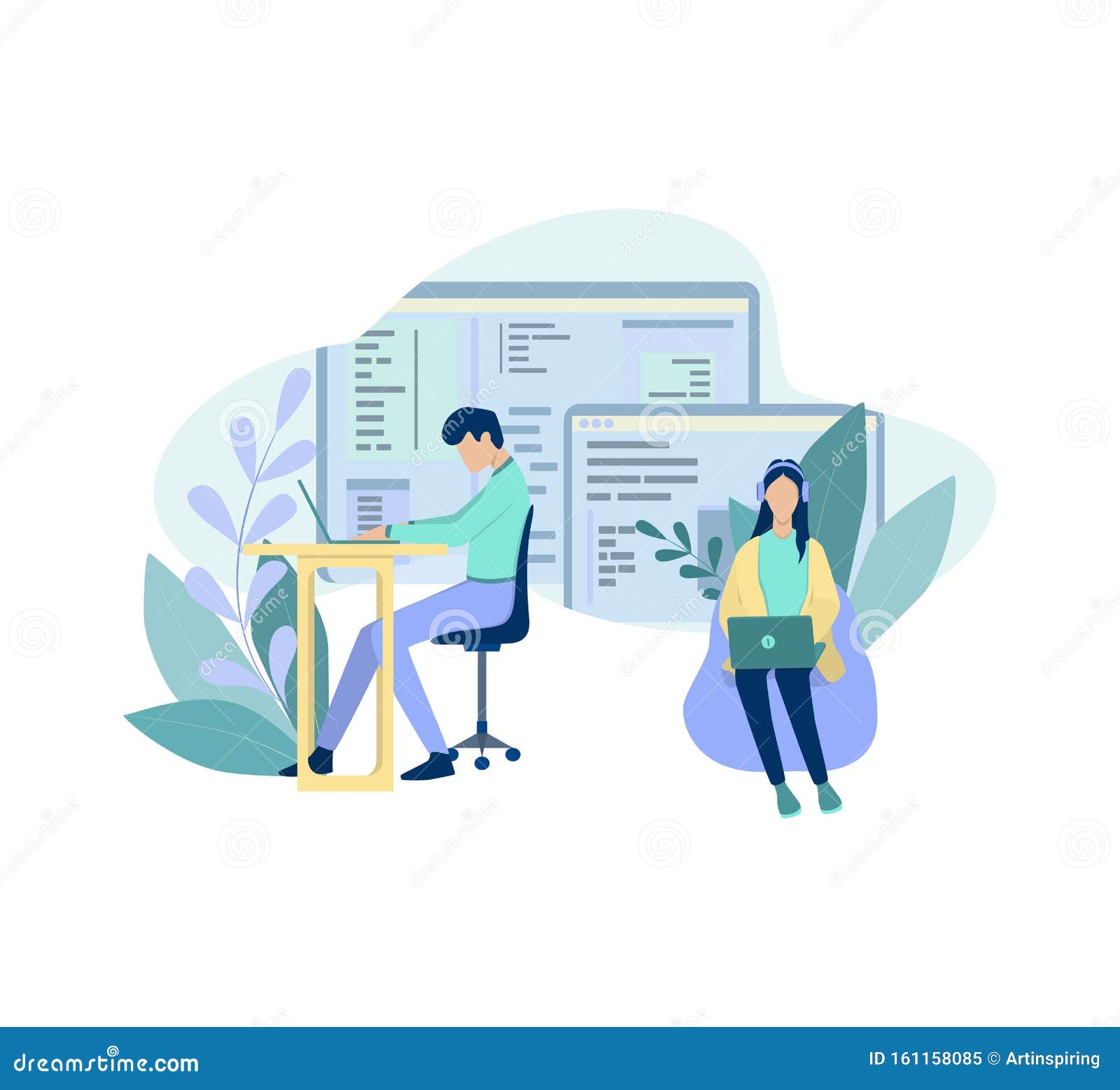 Programmer Couple Idea Of Working On Computer Coding Stock Vector Illustration Of Engine