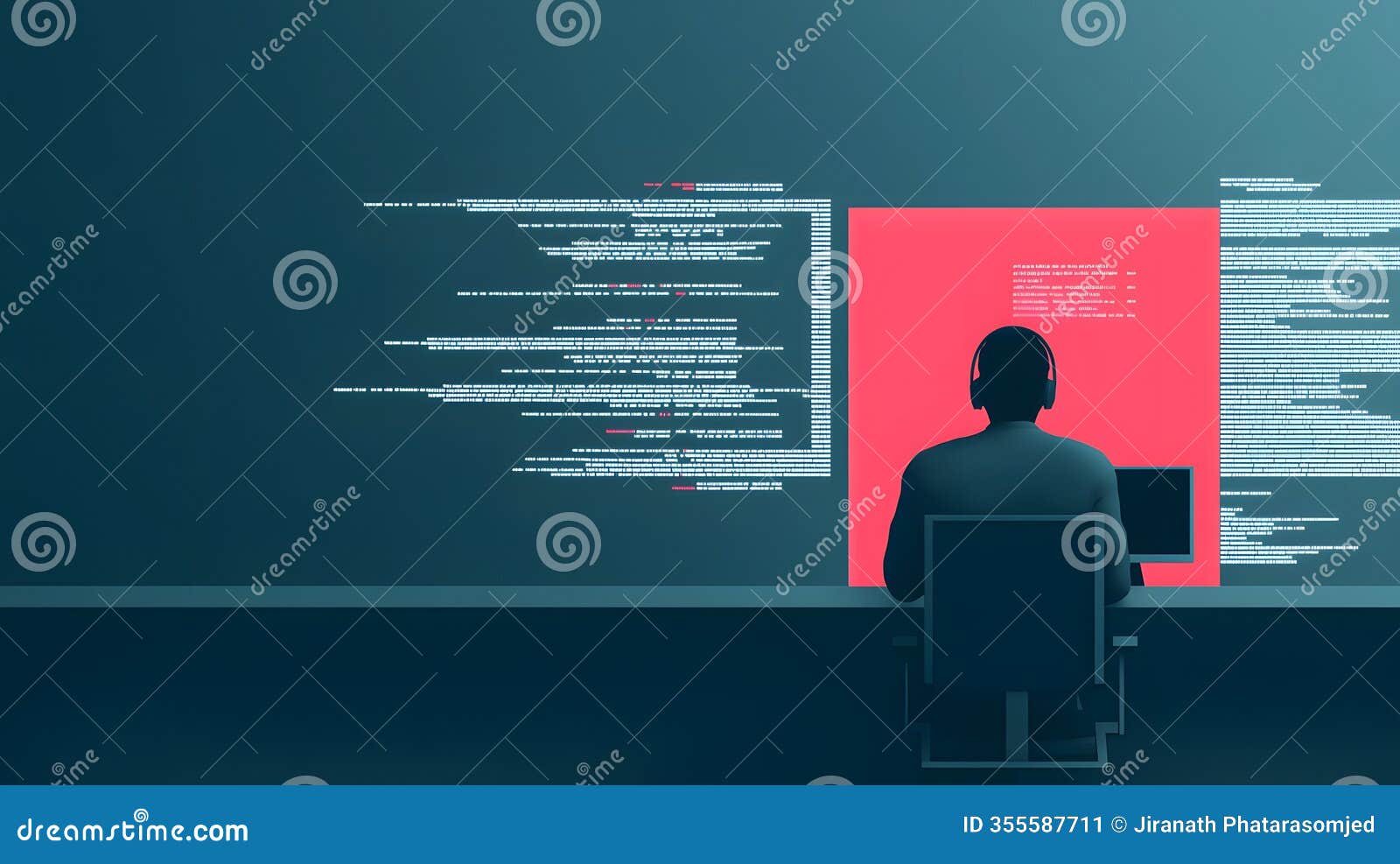 Programmer in a Dark Room Working on Coding Projects with Colorful Screens and Digital Elements ...