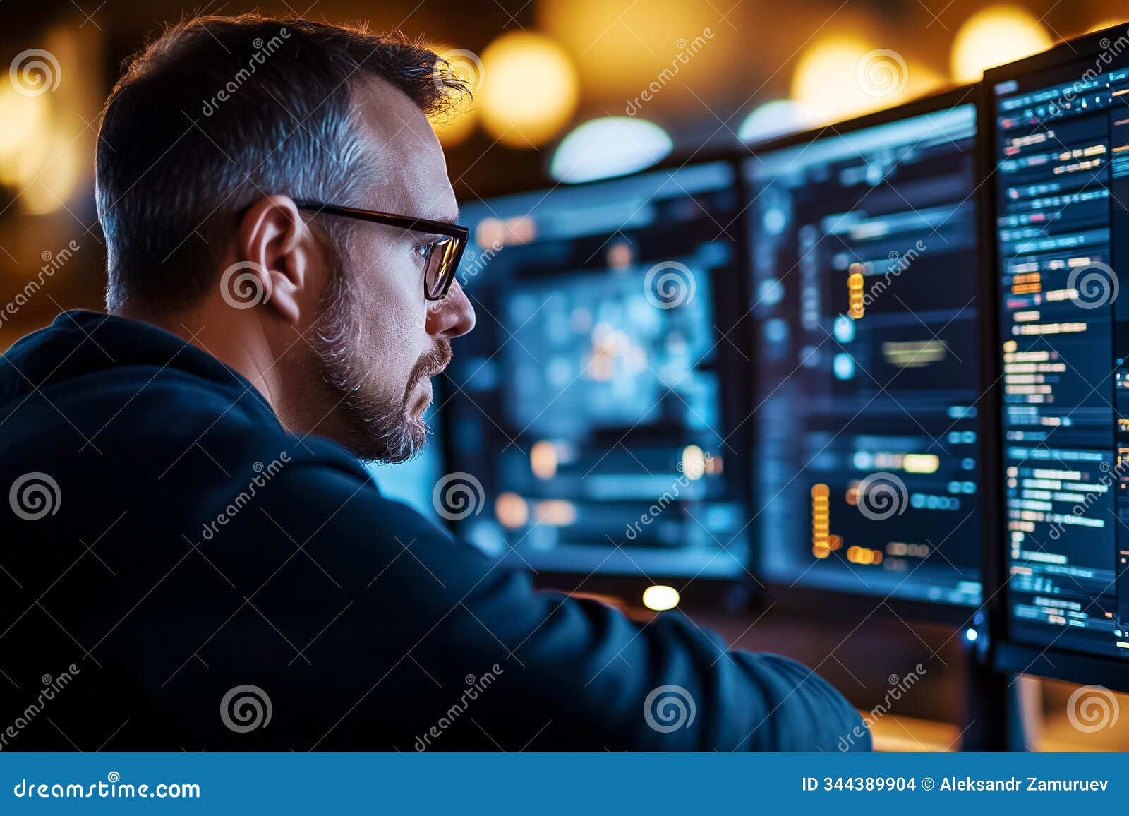 A Programmer is Deeply Engaged in Writing Code, Surrounded by Multiple Screens in a Dimly Lit ...