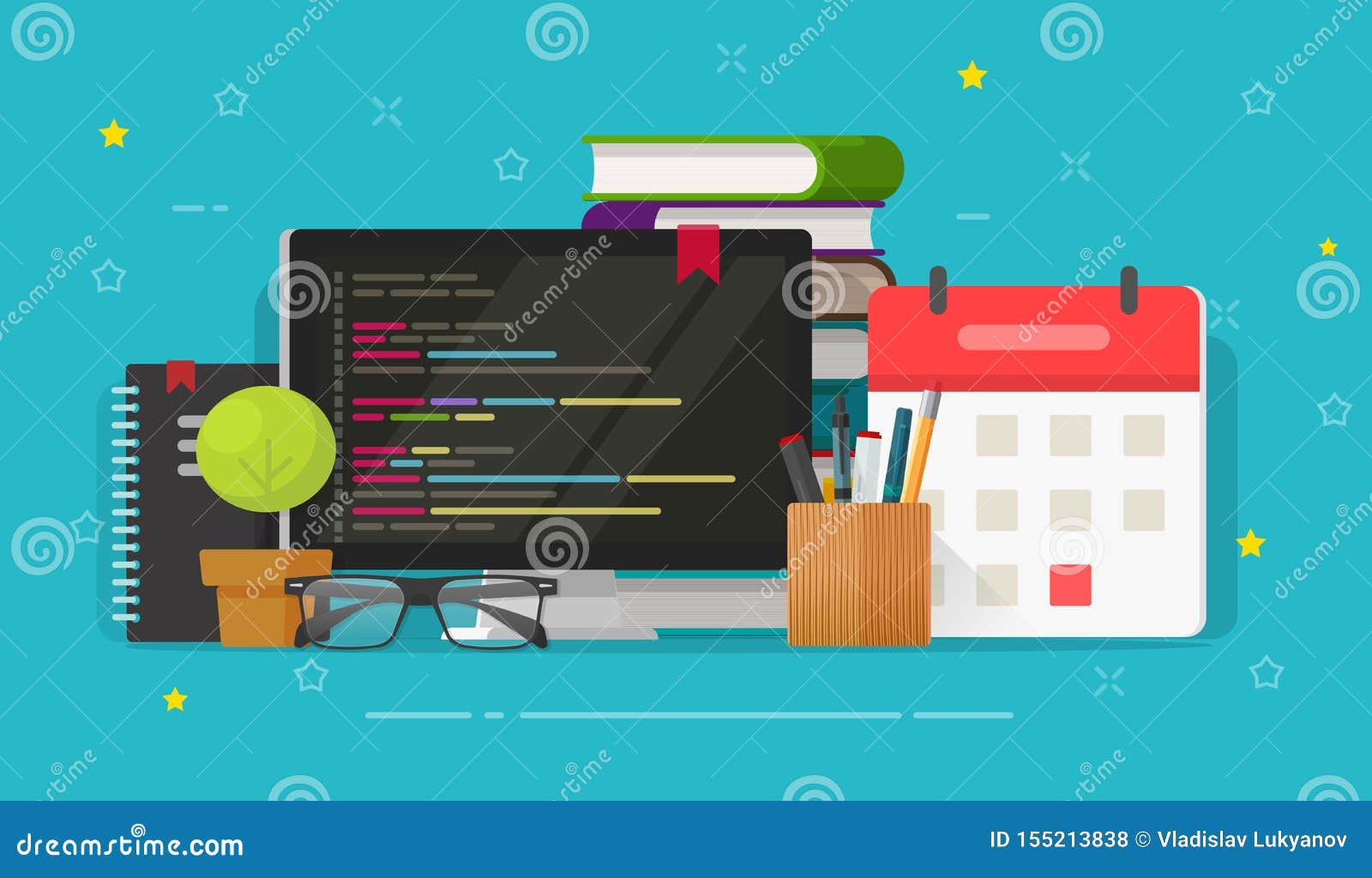 Programmer Desktop and Computer Screen and Code Vector Illustration ...