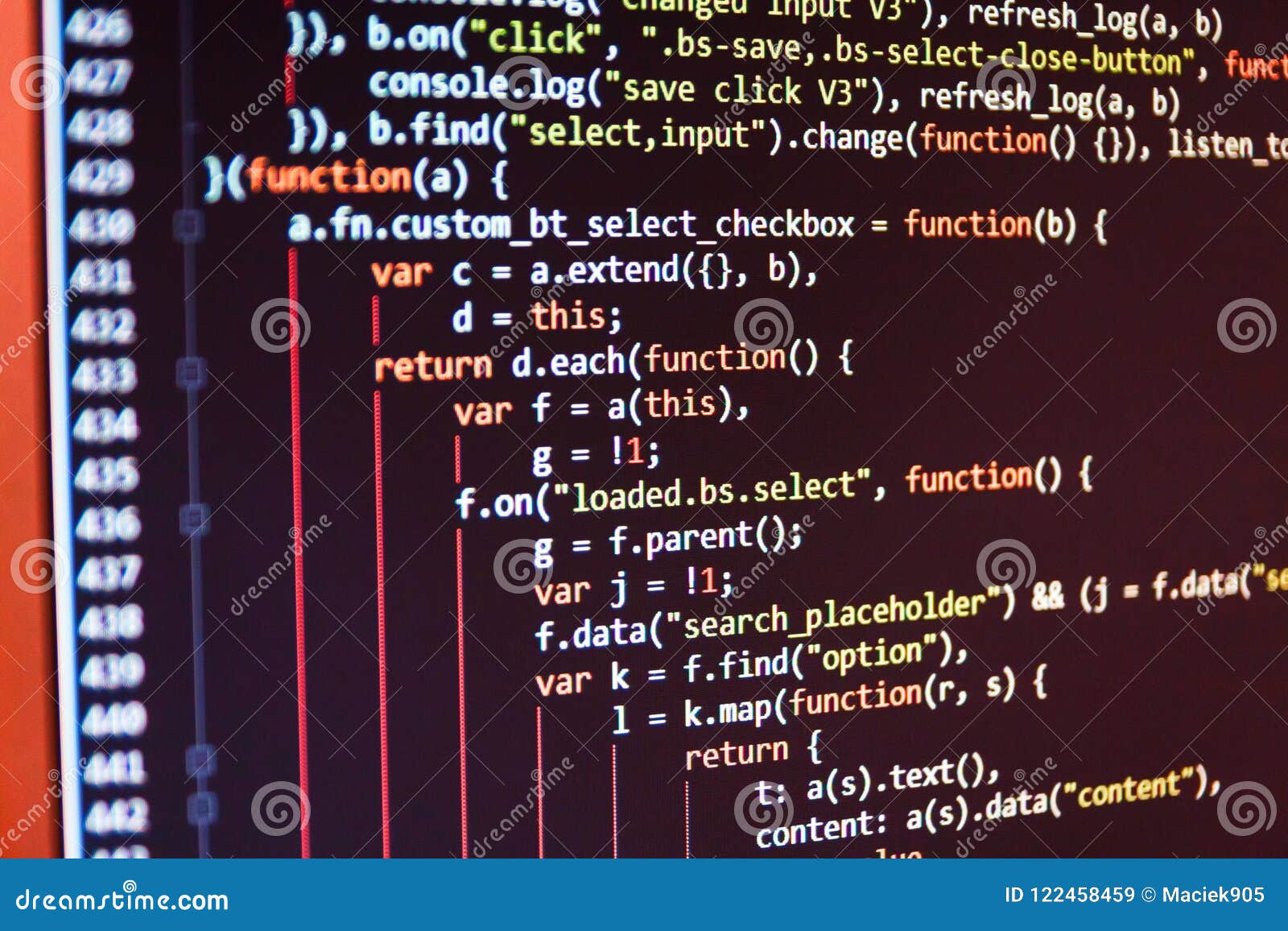 Programmer Developer Screen Closeup Of Java Script And Html Code Front End Applications In The