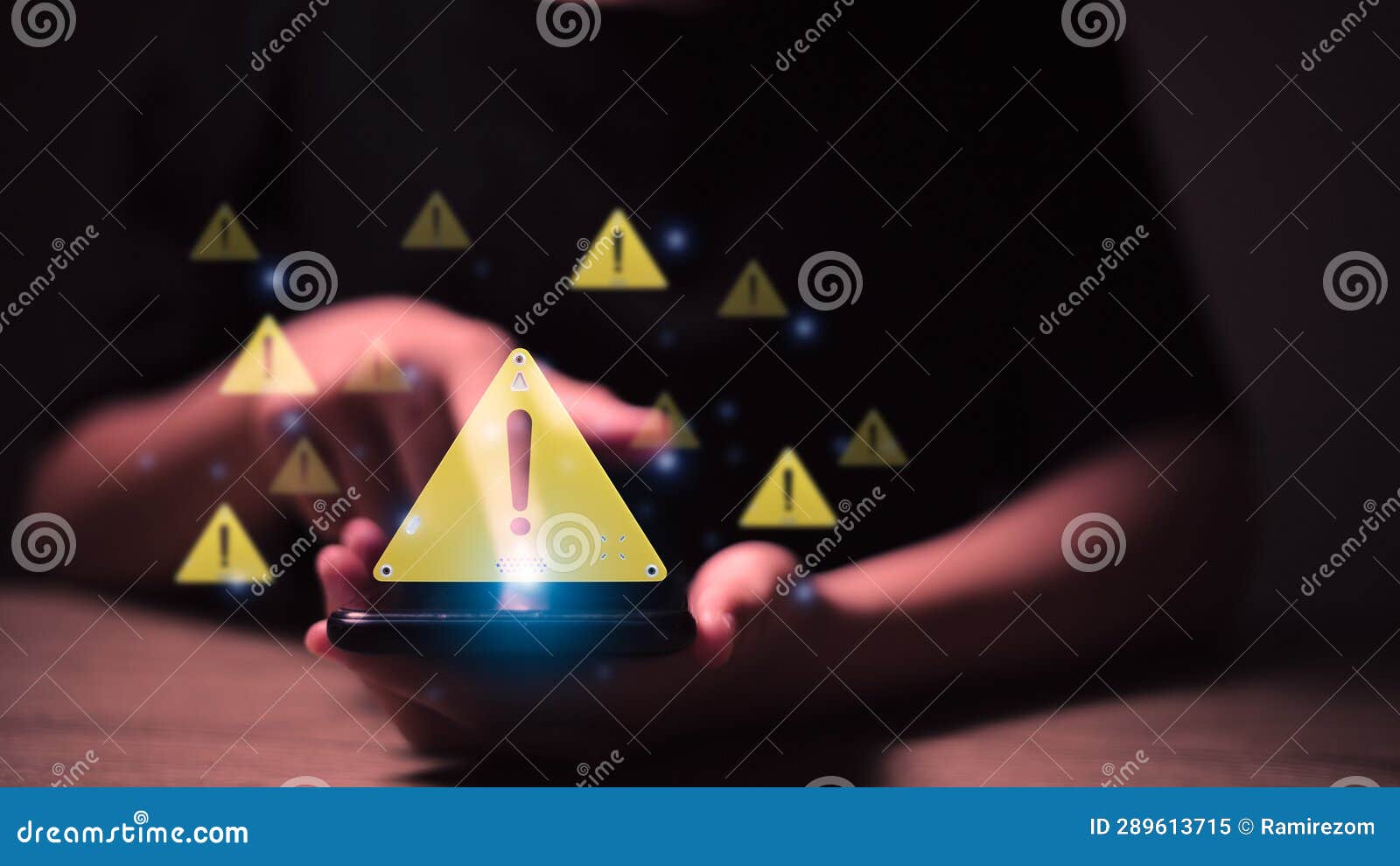 Programmer, Developer Using Computer Tablet with Triangle Caution Warning Sign for Notification ...