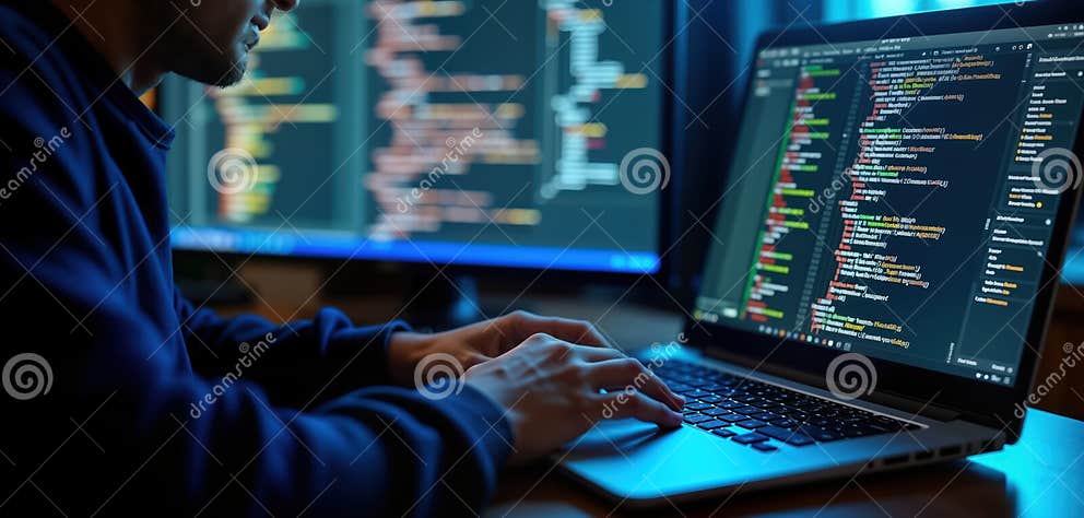 Programmer Diligently Working on Laptop at Desk. Multiple Computer Screens Display Code. Focus ...
