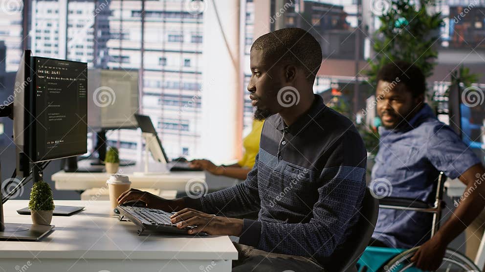 Programmer Doing Software Debugging, Asking for Help from Smiling Team Leader Stock Photo ...