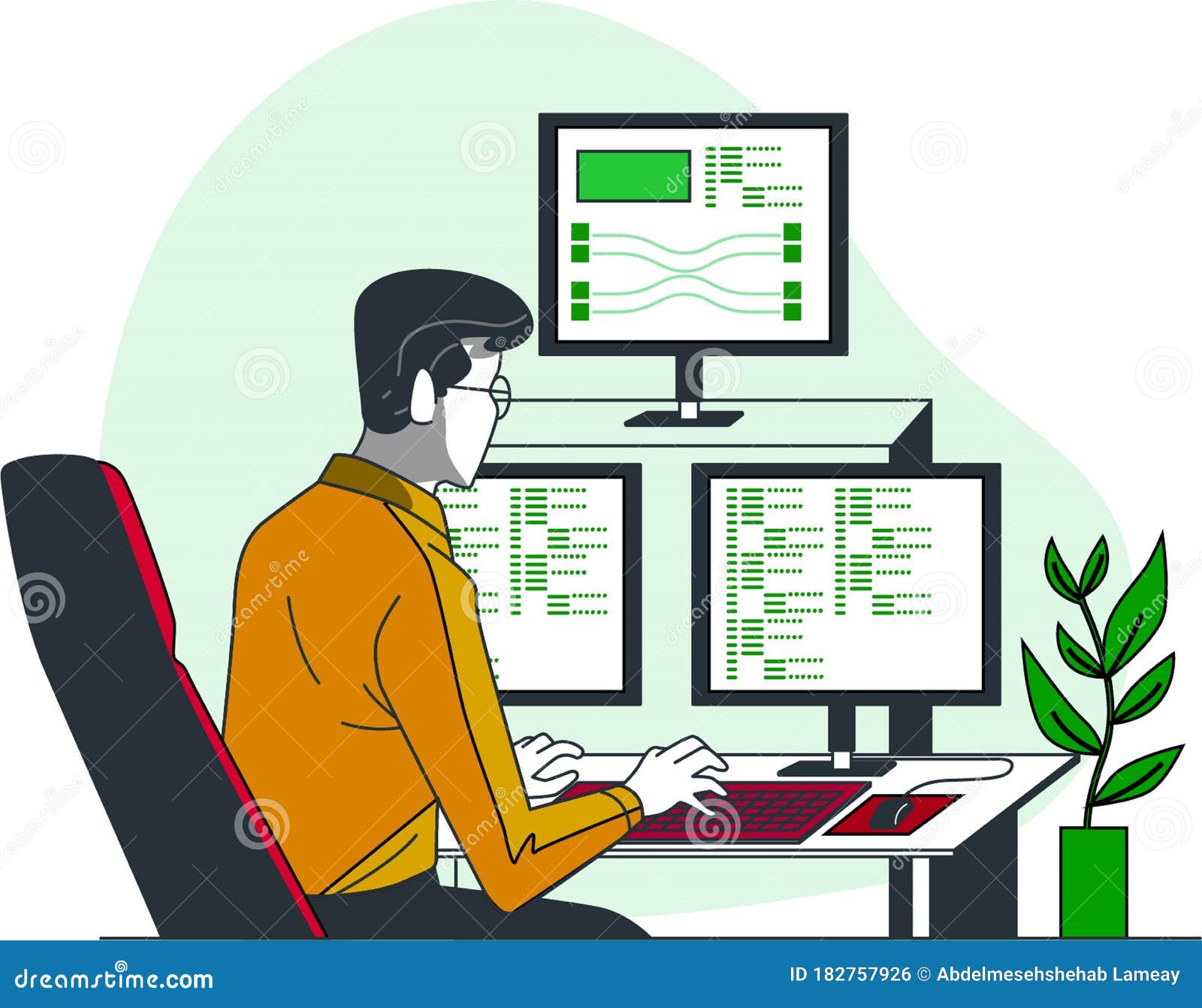 Programmer Doing Tasks on Computer and Studying at Home Stock Vector ...